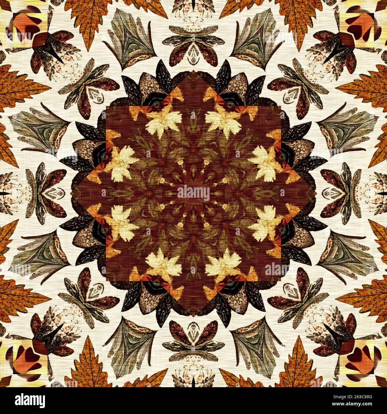 Autumn leaf quilt style vintage seamless pattern. Homely cottage core ...