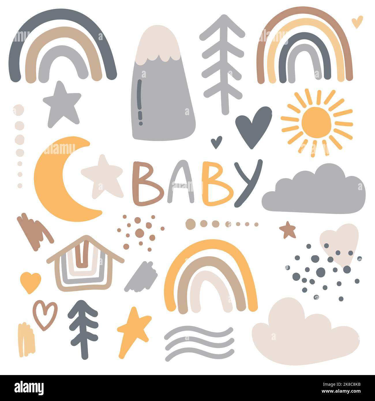 Set of cute boho baby objects in Scandinavian style. Cartoon doodle ...