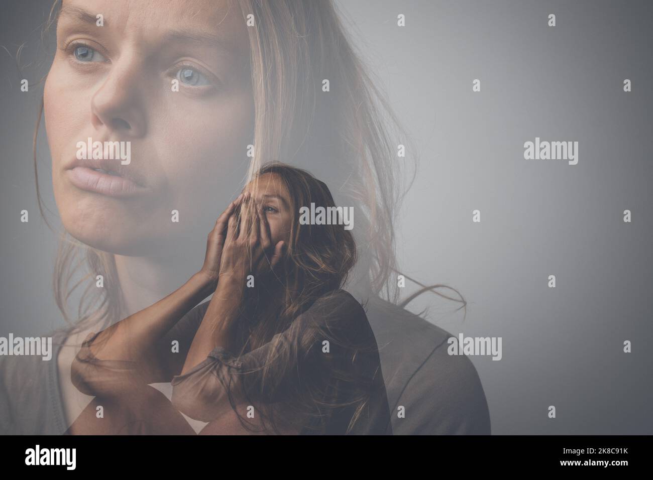 Depressed, anxious young woman facing harsh life situation, suffering ...