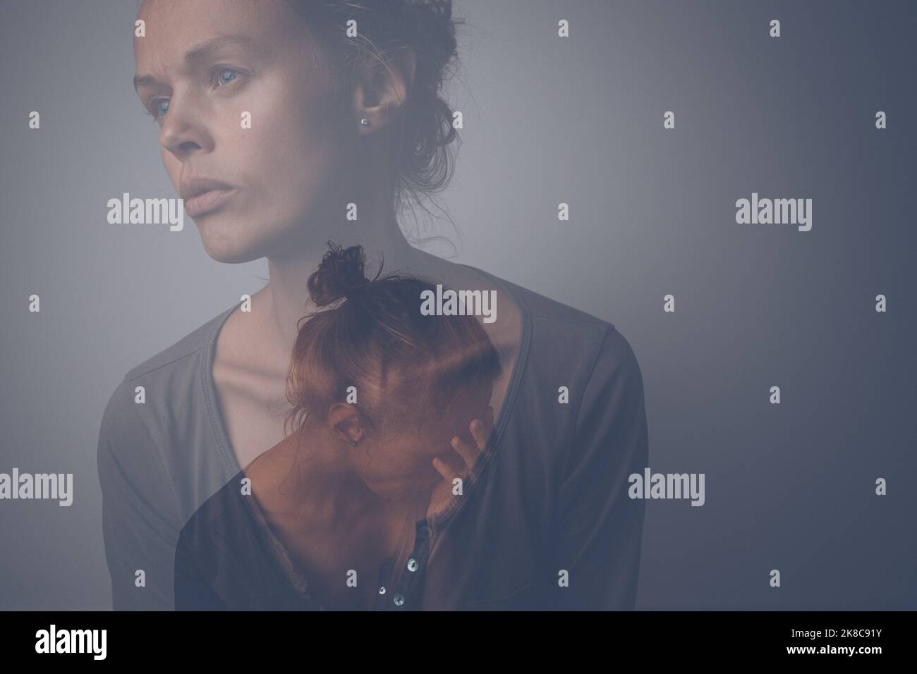 Depressed, anxious young woman suffering from mental disorders, illness ...