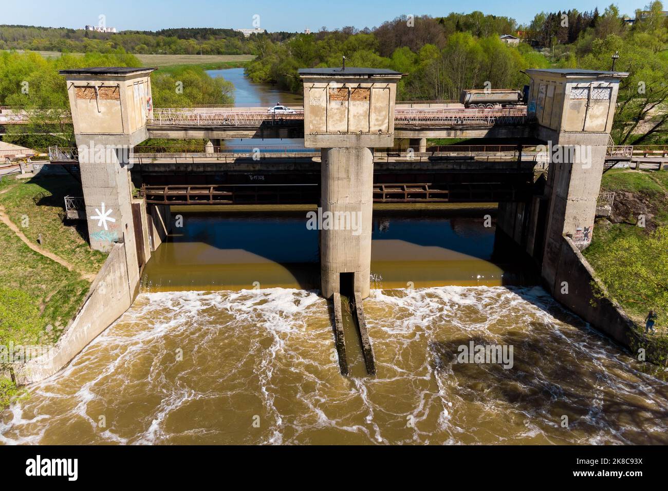 View of the old dam of the 1950s on the Protva River in the city of ...