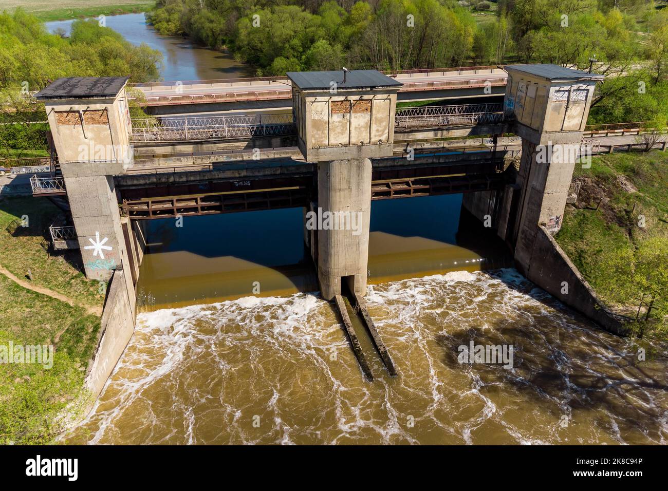 View of the old dam of the 1950s on the Protva River in the city of ...