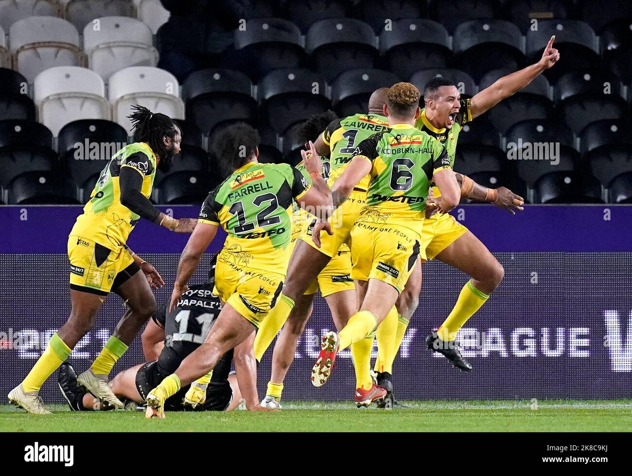 Jamaica's Ben Jones-Bishop (right) celebrates with team-mates after ...