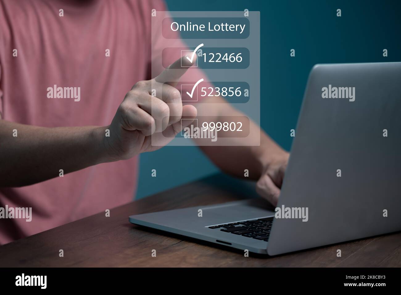 Man using computer and touching on virtual Online lottery screen to buy ...
