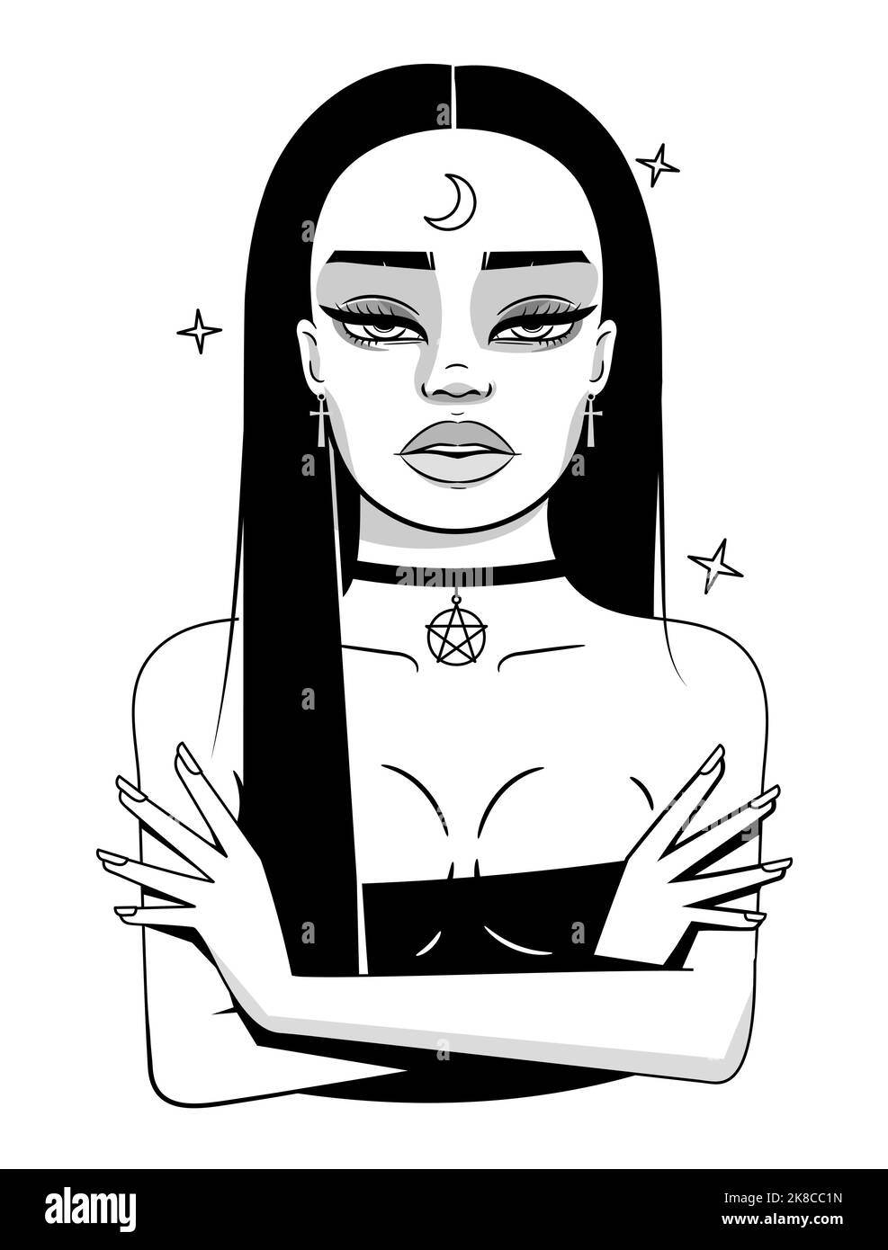 Silhouette of beautiful curly witch girl in pointy hat with crescent ...