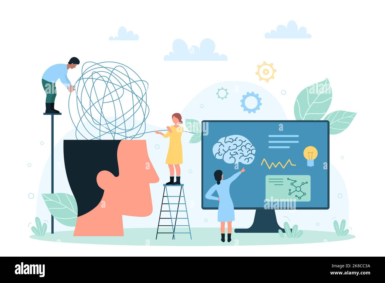 Neurology, scientific human brain research vector illustration. Cartoon tiny people examine and ...