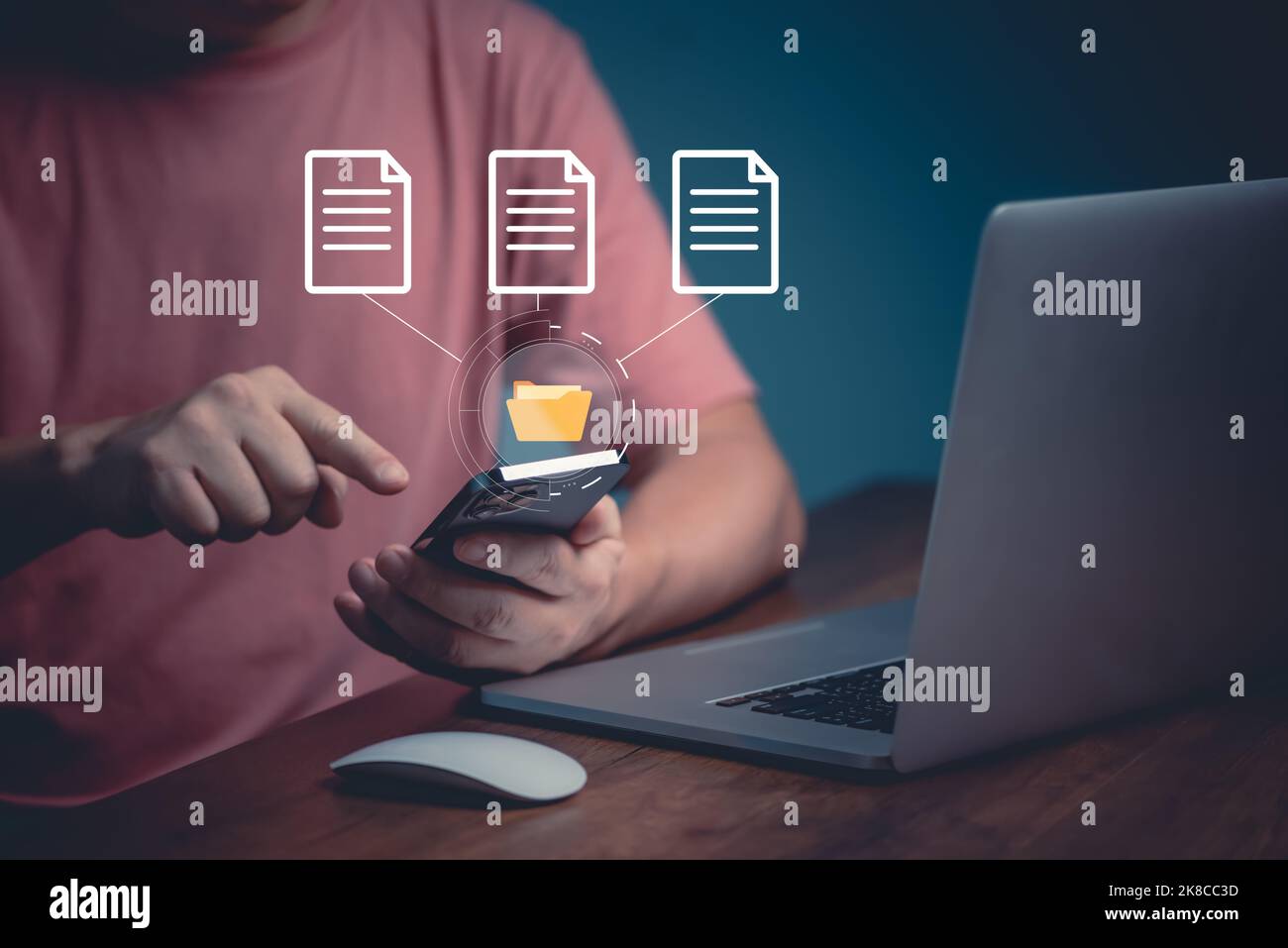 Man using mobile smartphone. Document management system (DMS), online documentation database and ...