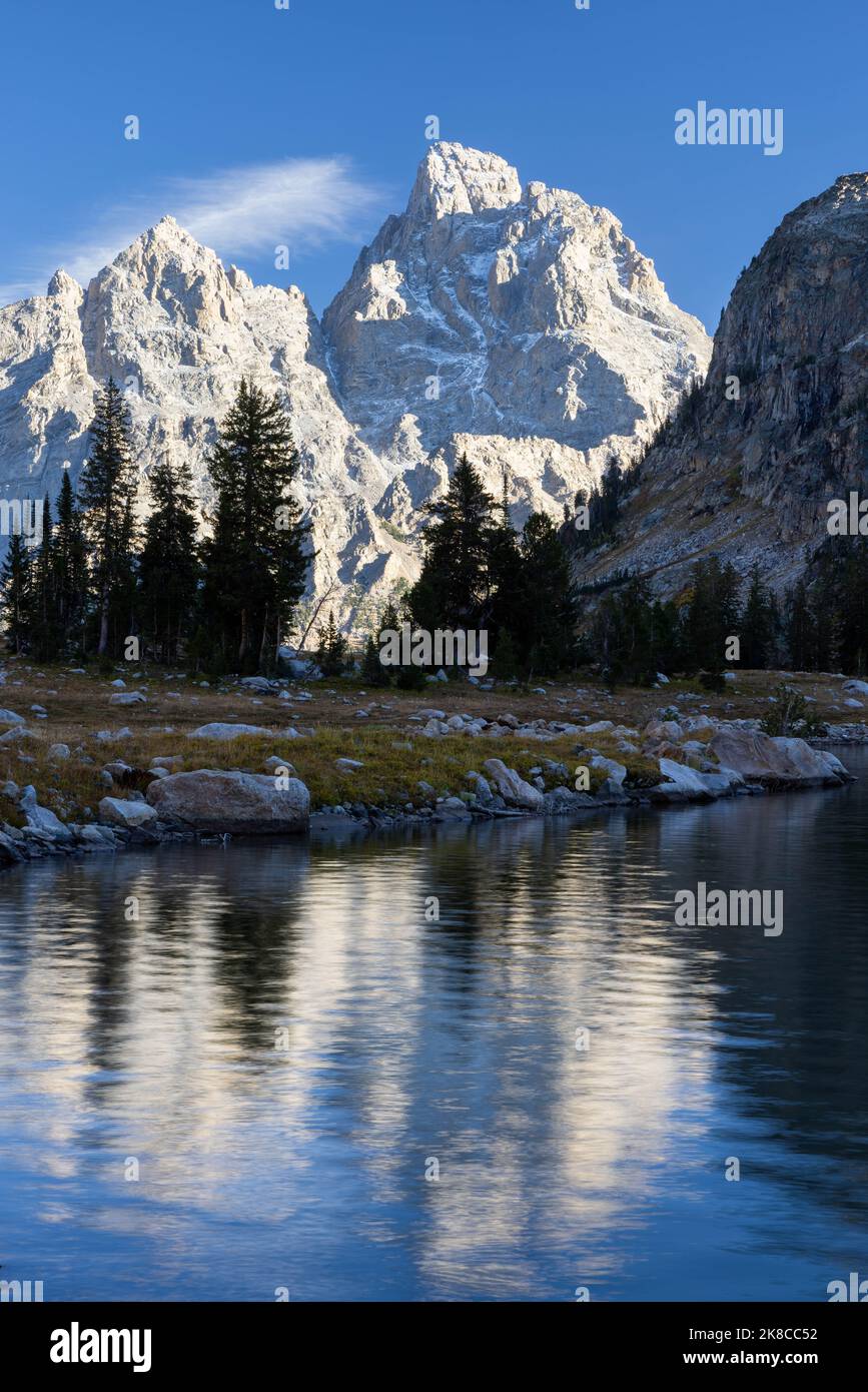 Lake Solitude reflecting the Grand Teton and Mount Owen late in the day ...
