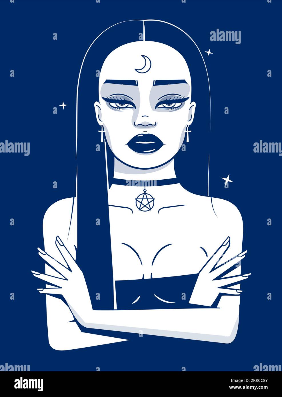 Silhouette of beautiful curly witch girl in pointy hat with crescent ...