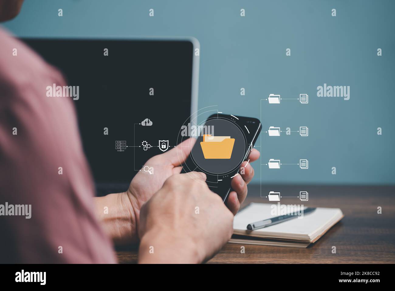 Hand touching on Mobile phone screen with cyber network, Folder ...