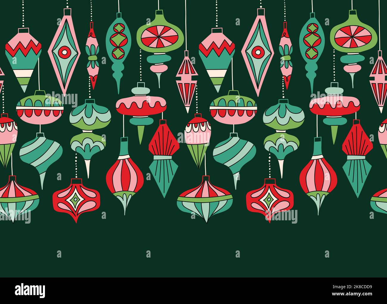 Retro Baubles Vector Seamless Horizontal Pattern Border. Christmas ...
