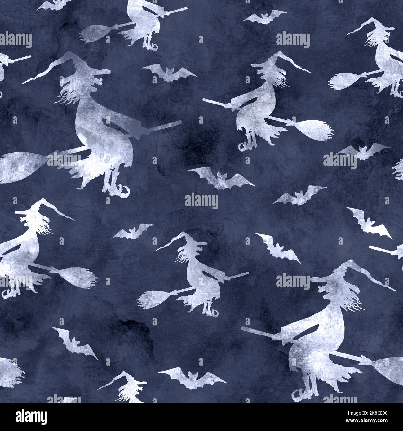 Silhouettes of smiling wicked witches flying on broomsticks. Grunge ...