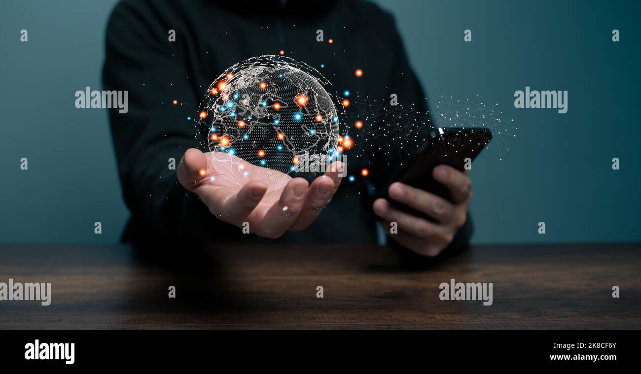 Future Global Communication Network Technology concept, Man hand ...