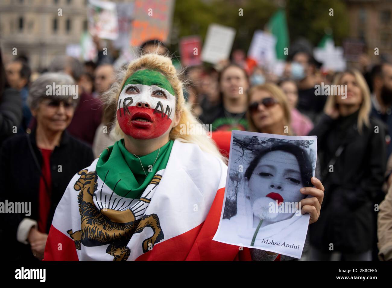London, UK. 22nd Oct, 2022. An Iranian protester seen with Iranian face ...