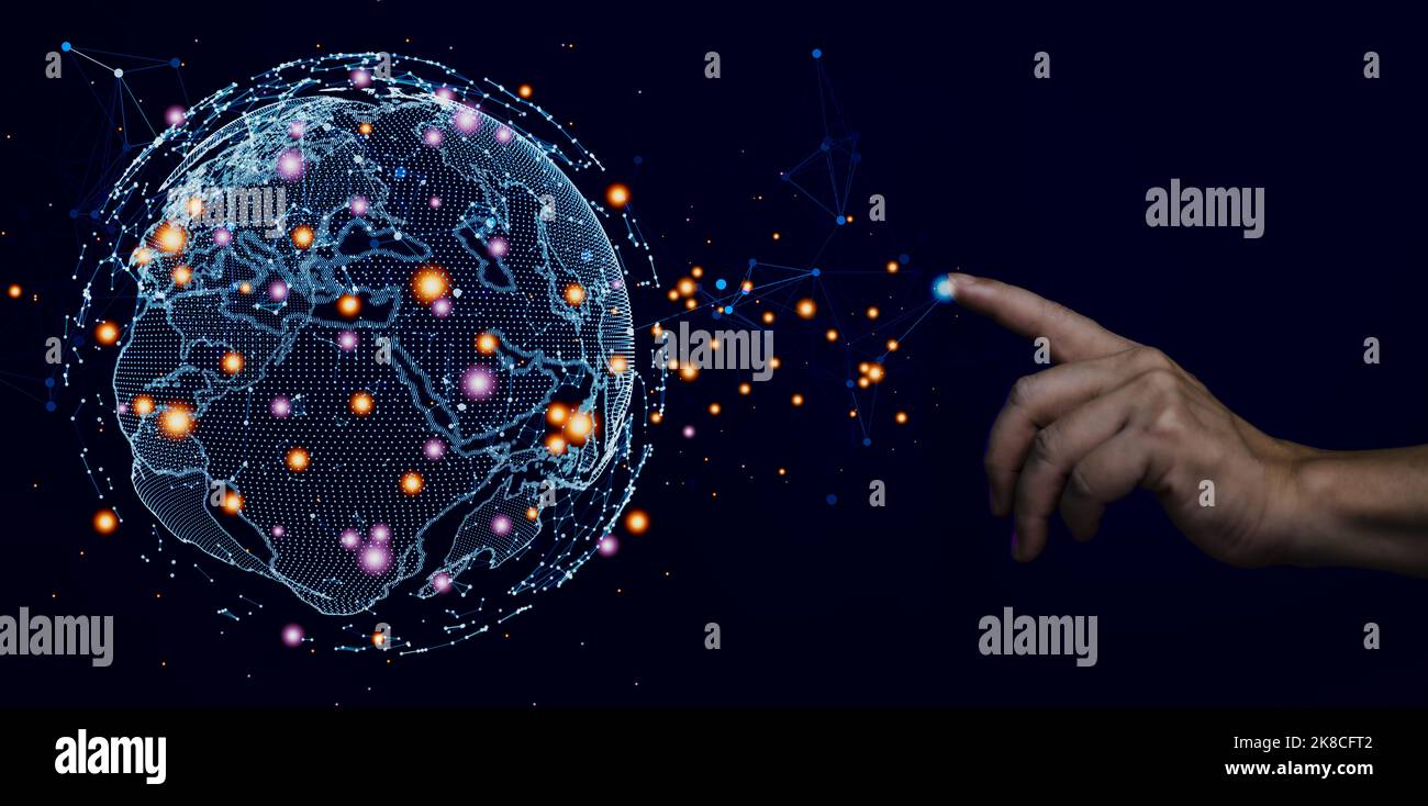 Connection technologies background, Human finger touching on global ...