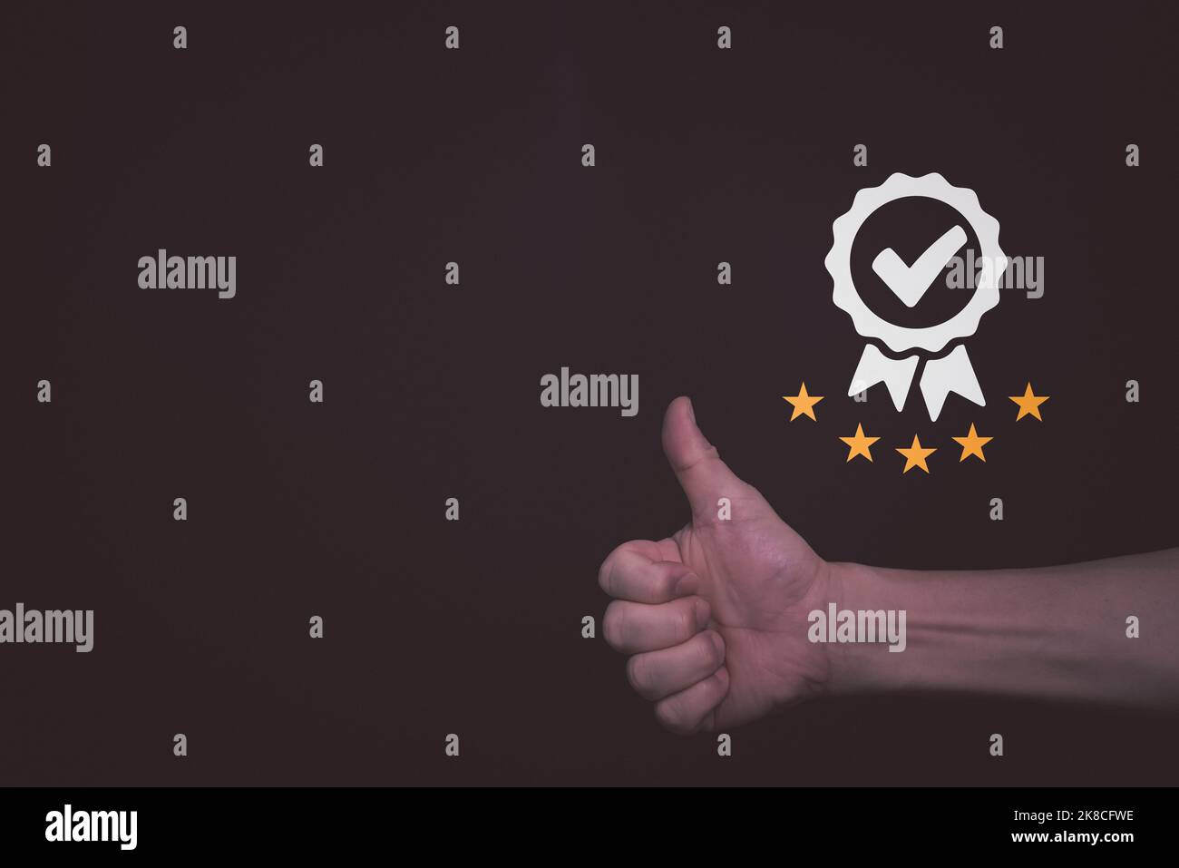 Businessman raised thumps up with Satisfaction Guarantee and five stars ...