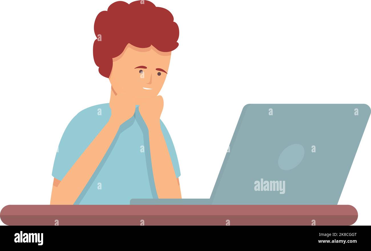 Desktop boy learning icon cartoon vector. Computer kid. Online ...