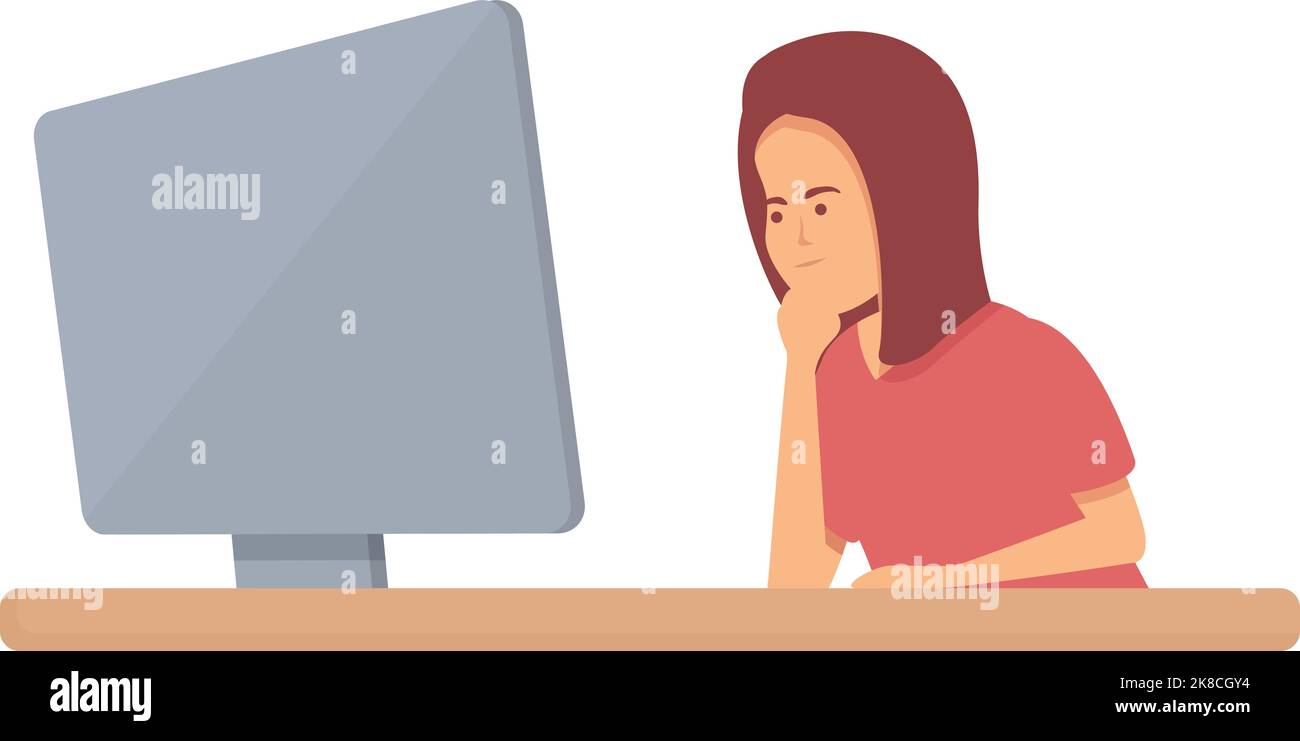 Girl reading online icon cartoon vector. Computer kid. Internet school ...