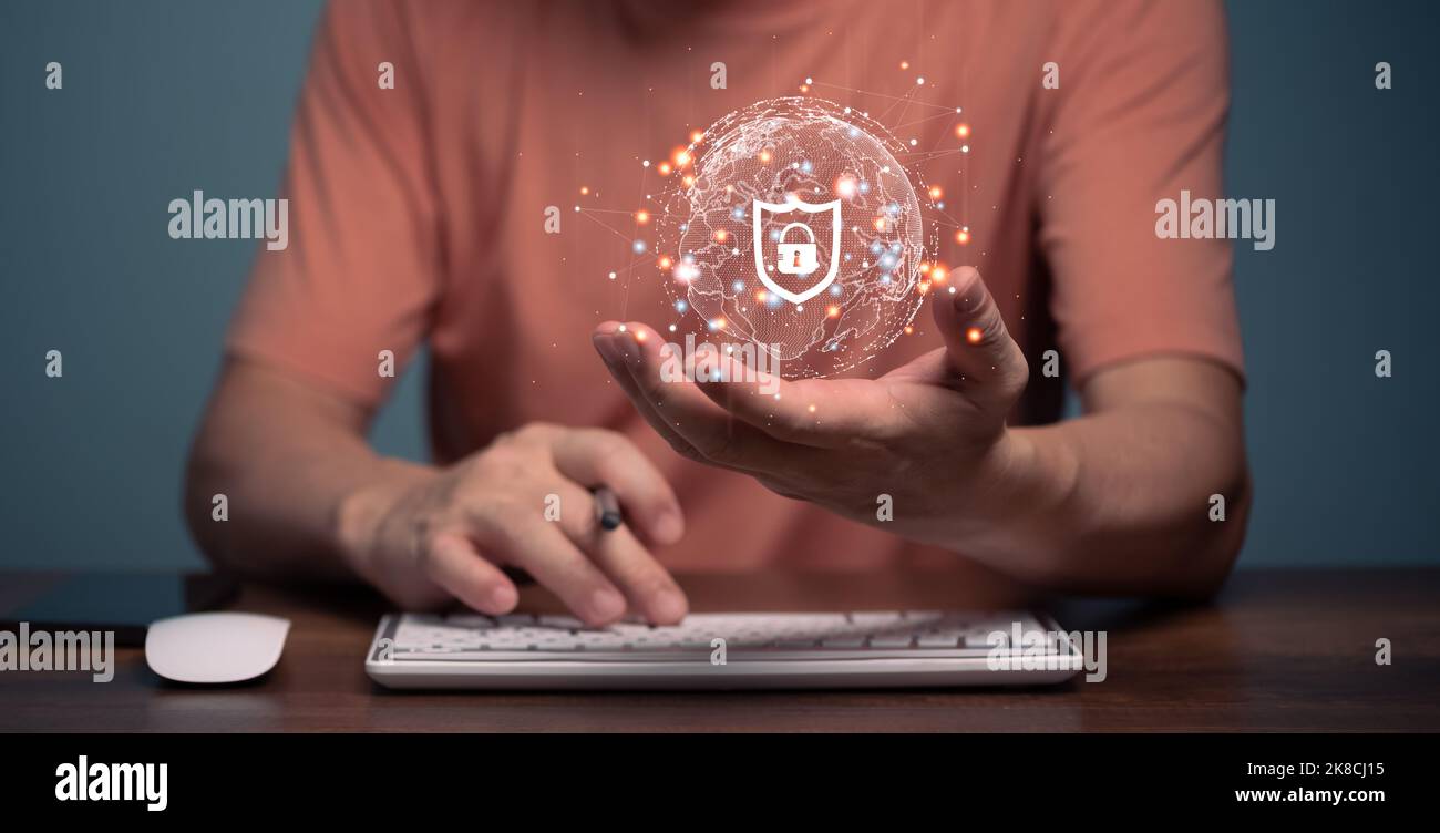 Businessman Using Computer and holding Global network connection, Big ... Businessman Using Computer and holding Global network connection, Big ...