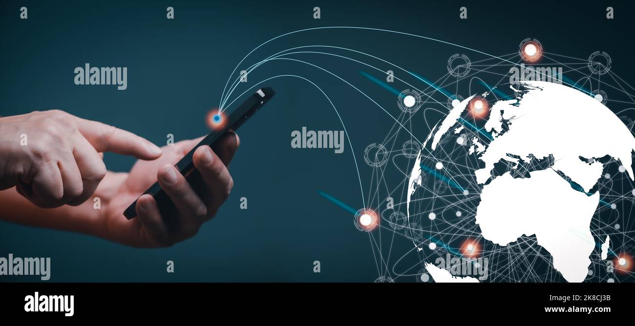 Connection technologies background, Human finger touching on global ...