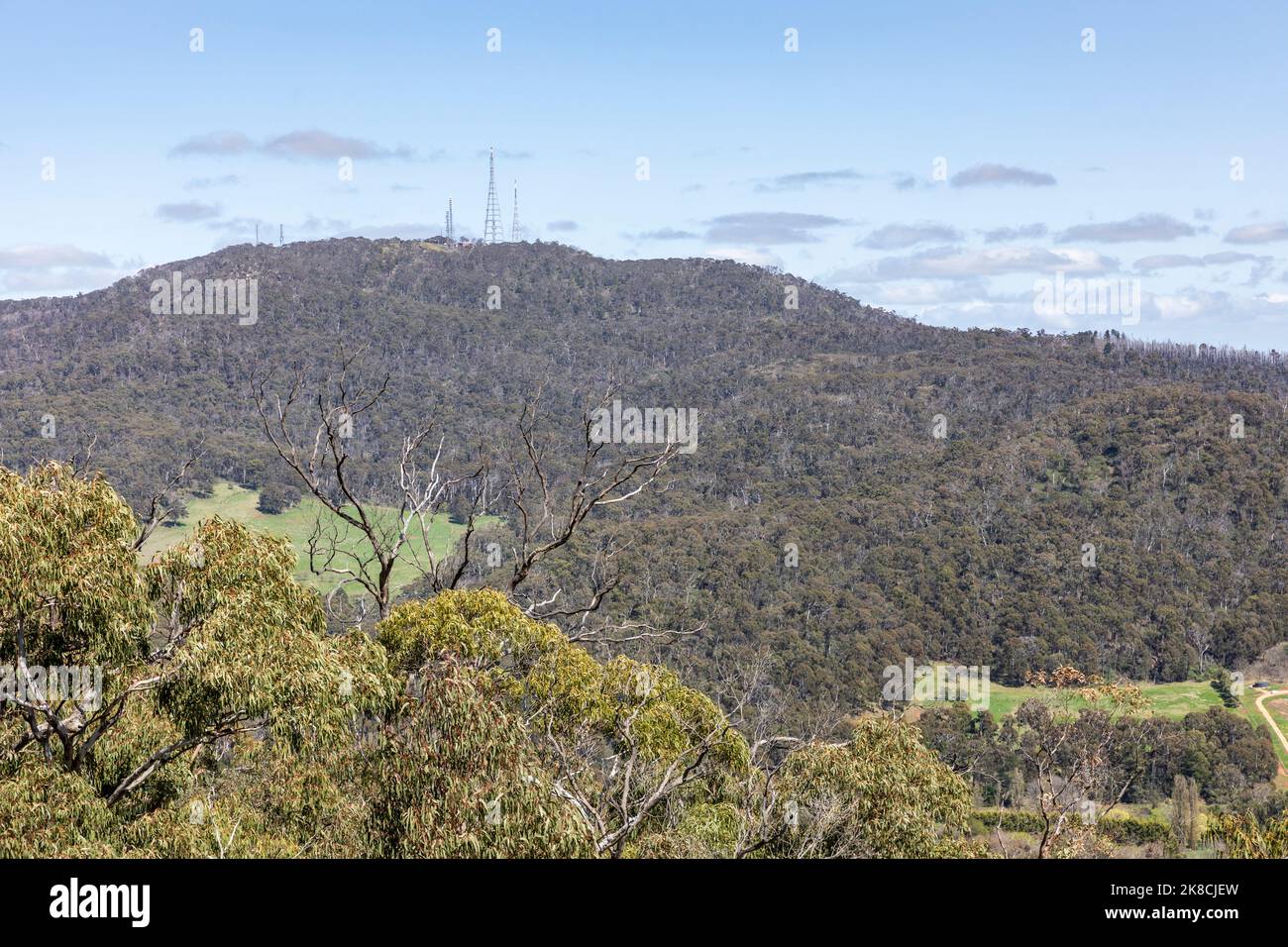 Mount Canobolas in New South Wales an ancient volcano, has telephone communication mast towers ...