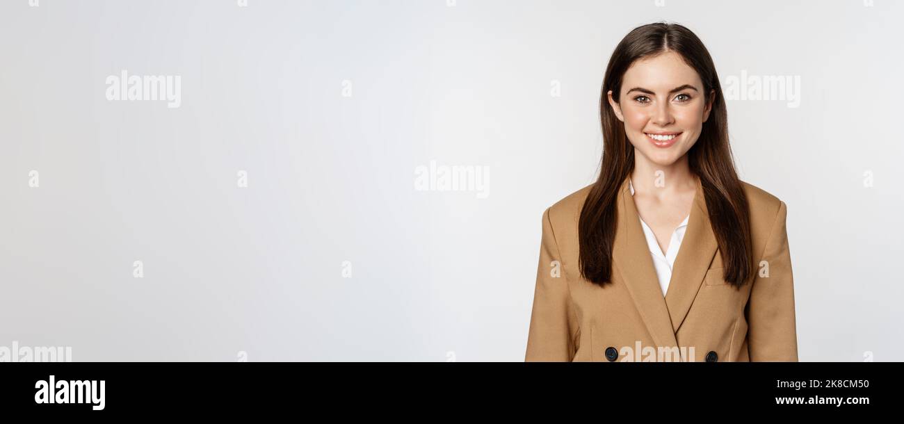 Portrait of business woman with enthusiastic face expression, smiling ...