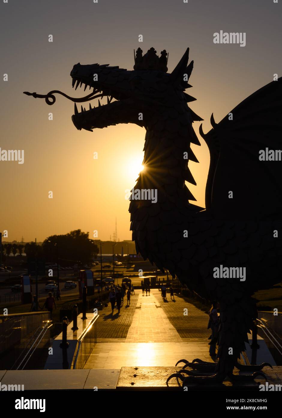 Silhouette of dragon statue on sunny sky background by Kazan Kremlin ...