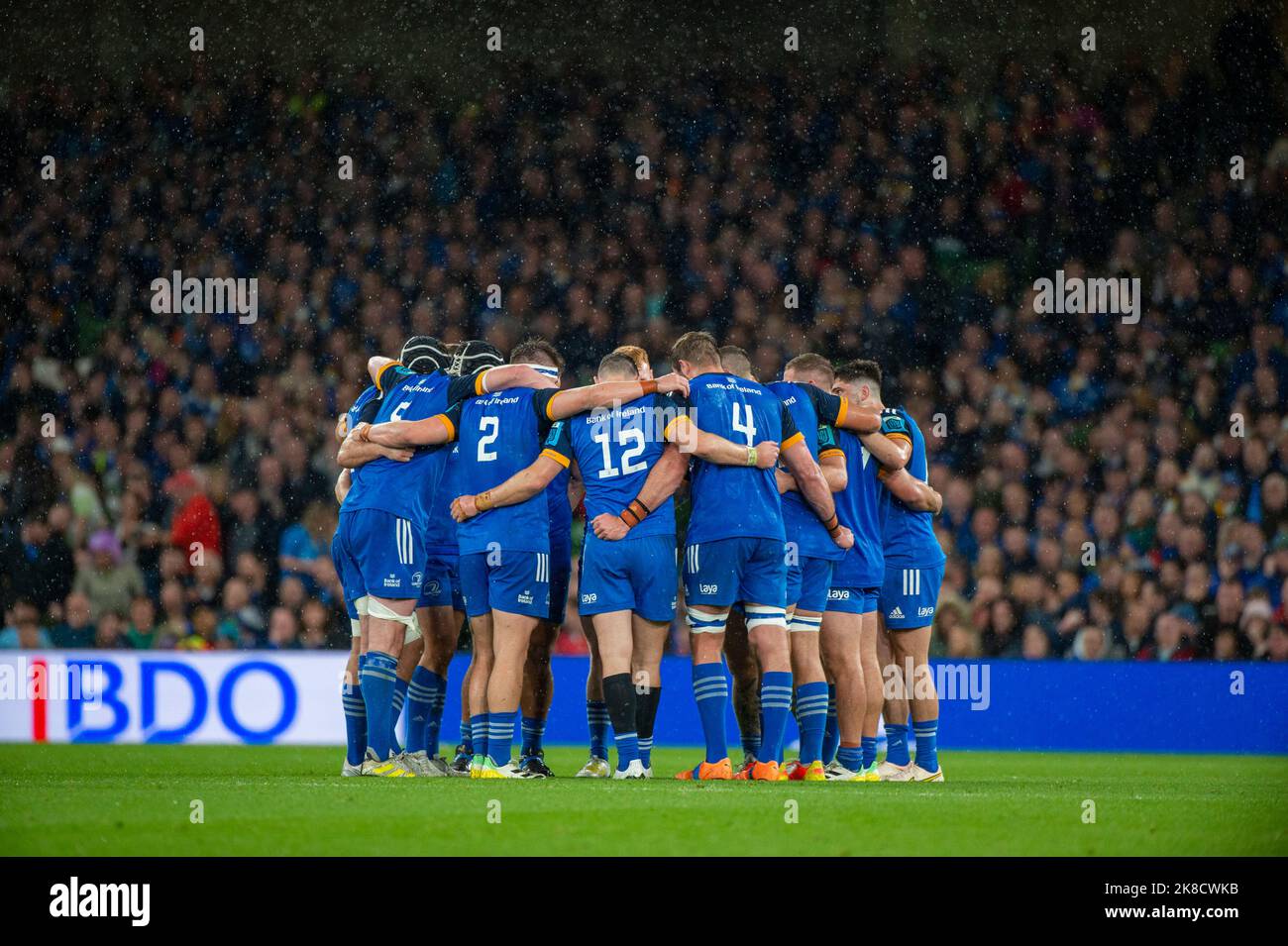 Dublin, Ireland. 22nd Oct, 2022. Leinster players in a huddle during ...