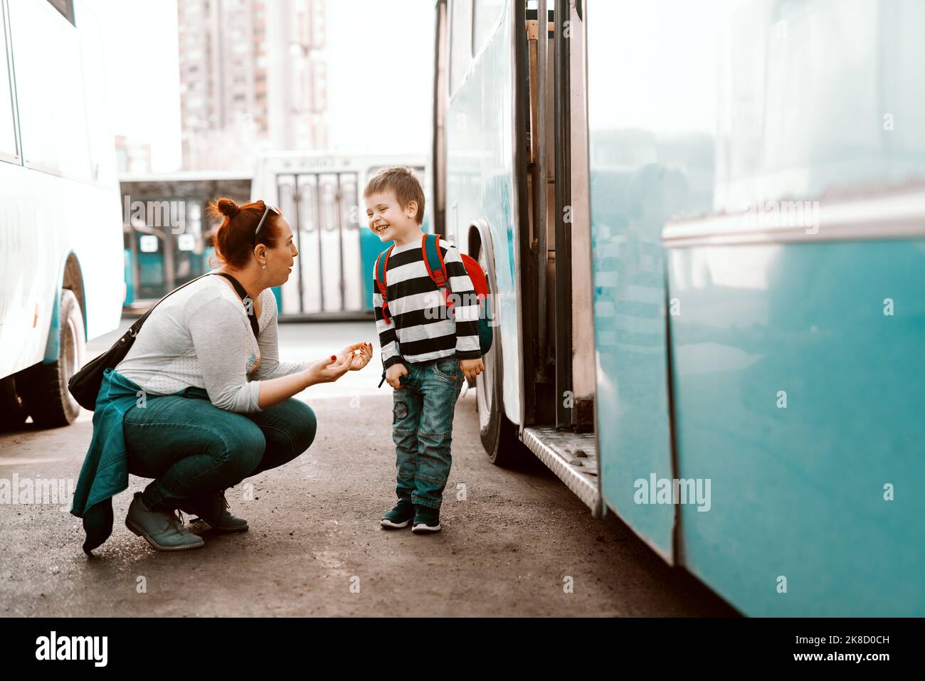 Boys school bus talking hi-res stock photography and images - Alamy