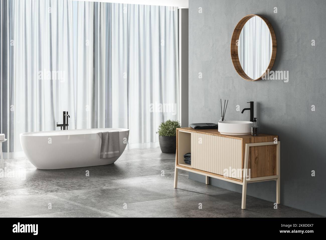 Modern bathroom interior with blue background, concrete flooring, white ...