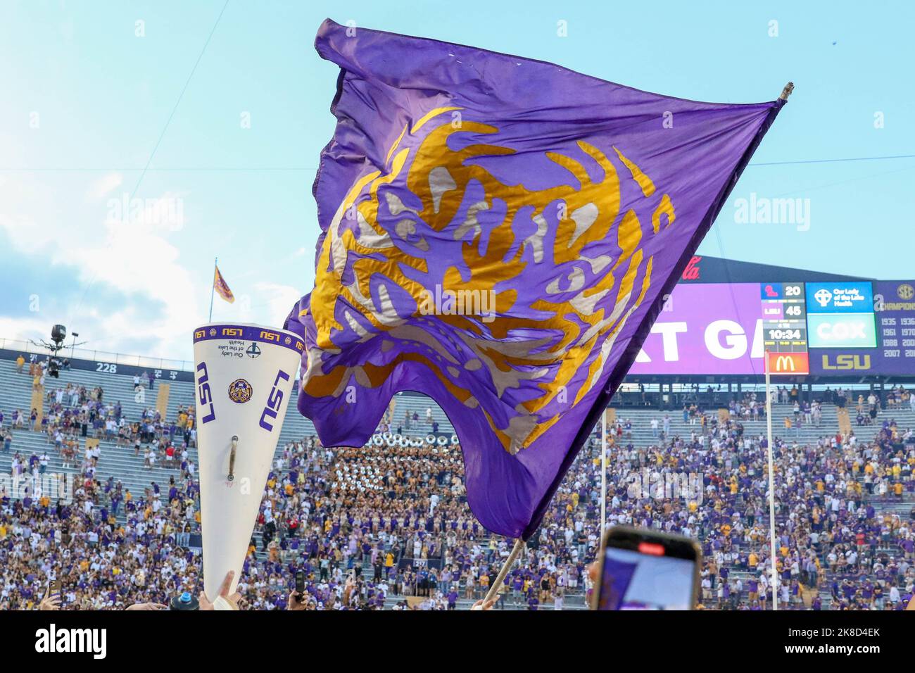 Baton Rouge, LA, USA. 22nd Oct, 2022. A LSU flag is flown on the field ...