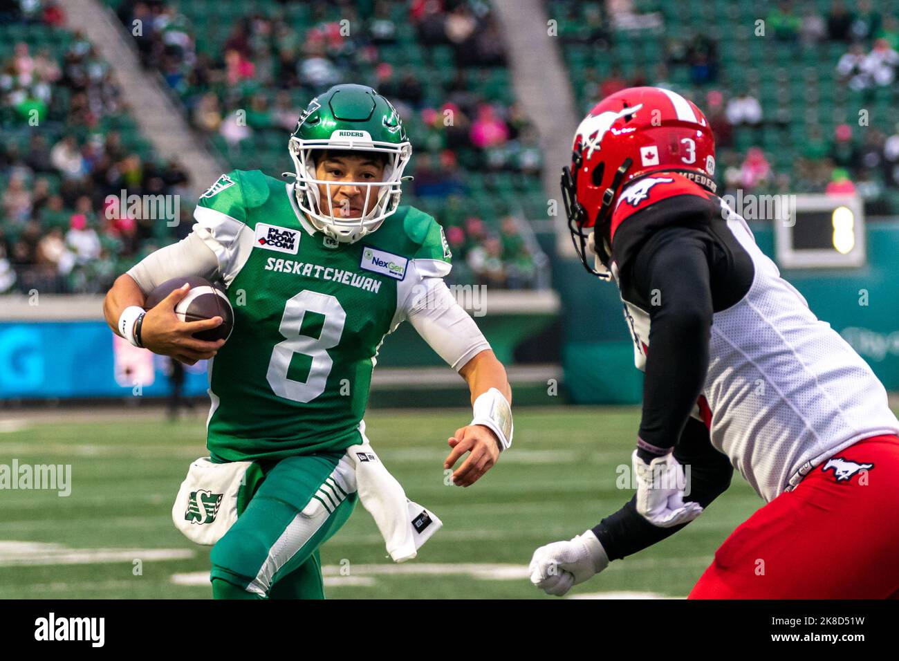 Saskatchewan Roughriders quarterback Mason Fine (8) runs the football ...