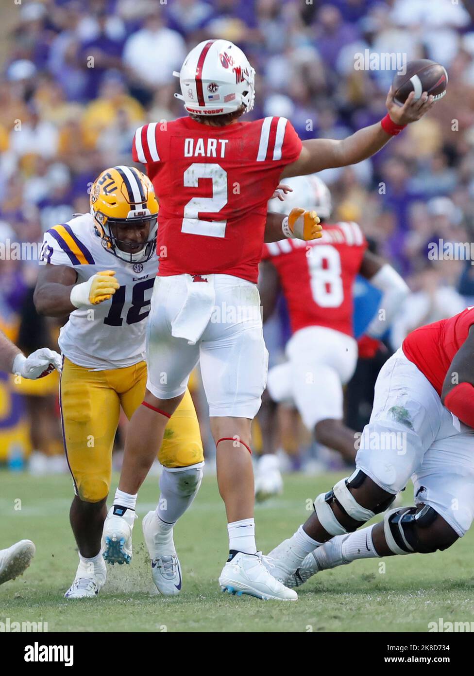 LSU Tigers defensive end B.J. Ojulari (18) pressures Ole Miss ...