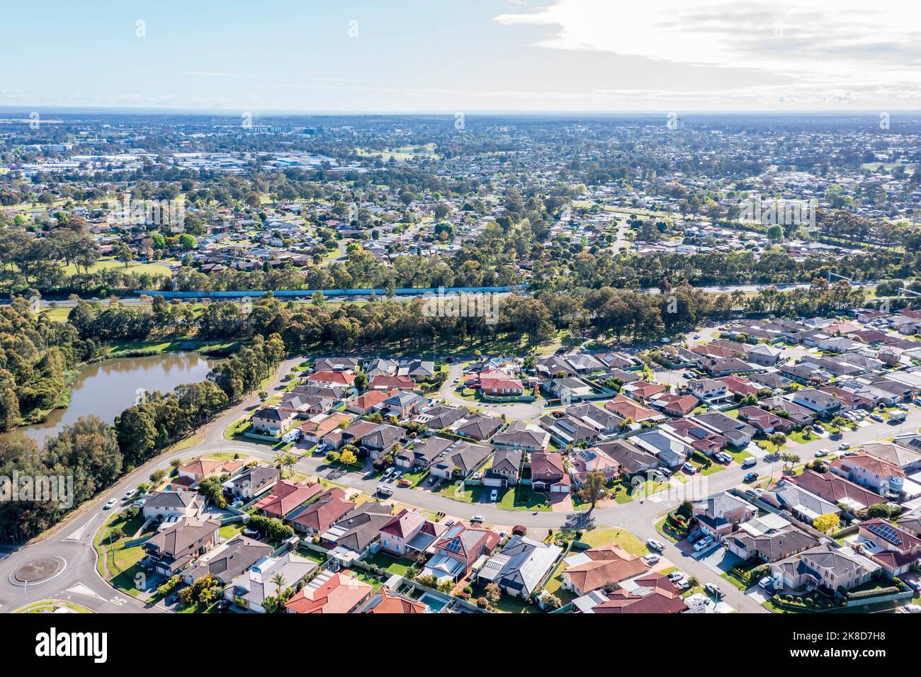 Drone aerial photograph of houses and roads in the suburb of Glenmore ...