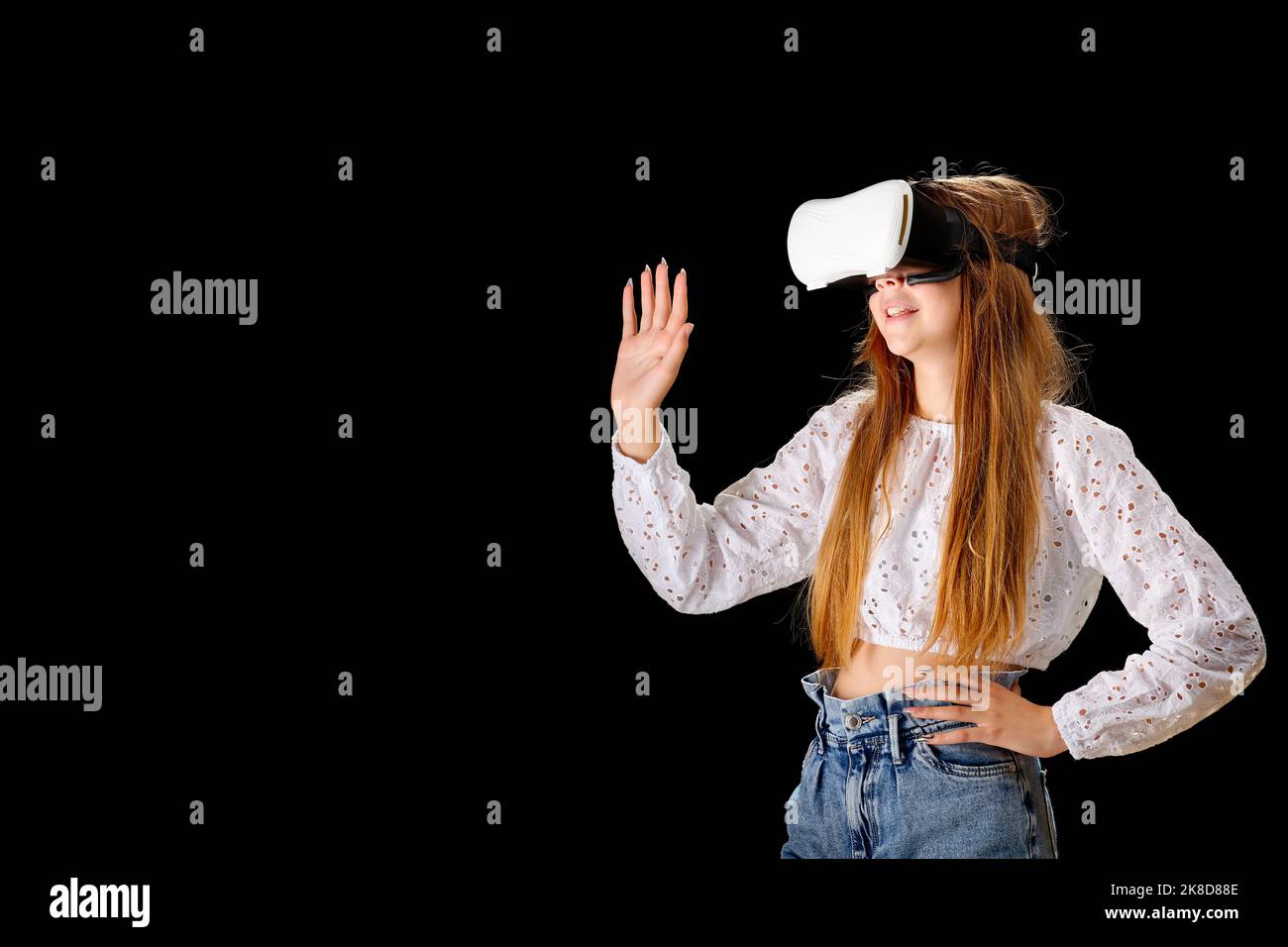 Portrait of girl using virtual reality with holographic hololens ...