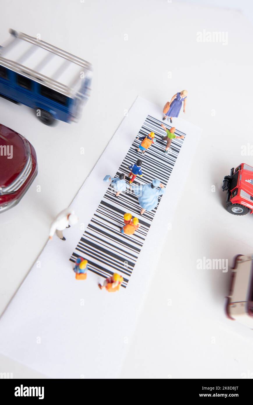 Miniature toys school kids walk on cross road bar code - school ...