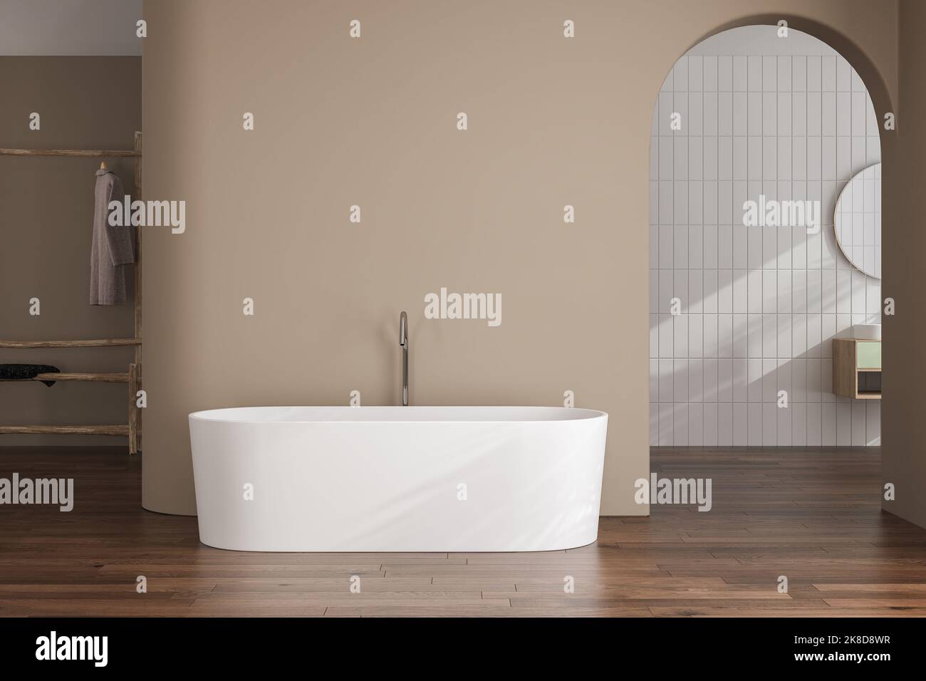 Beige minimalist bathroom interior with sun rays, cabinet, oval mirror ...
