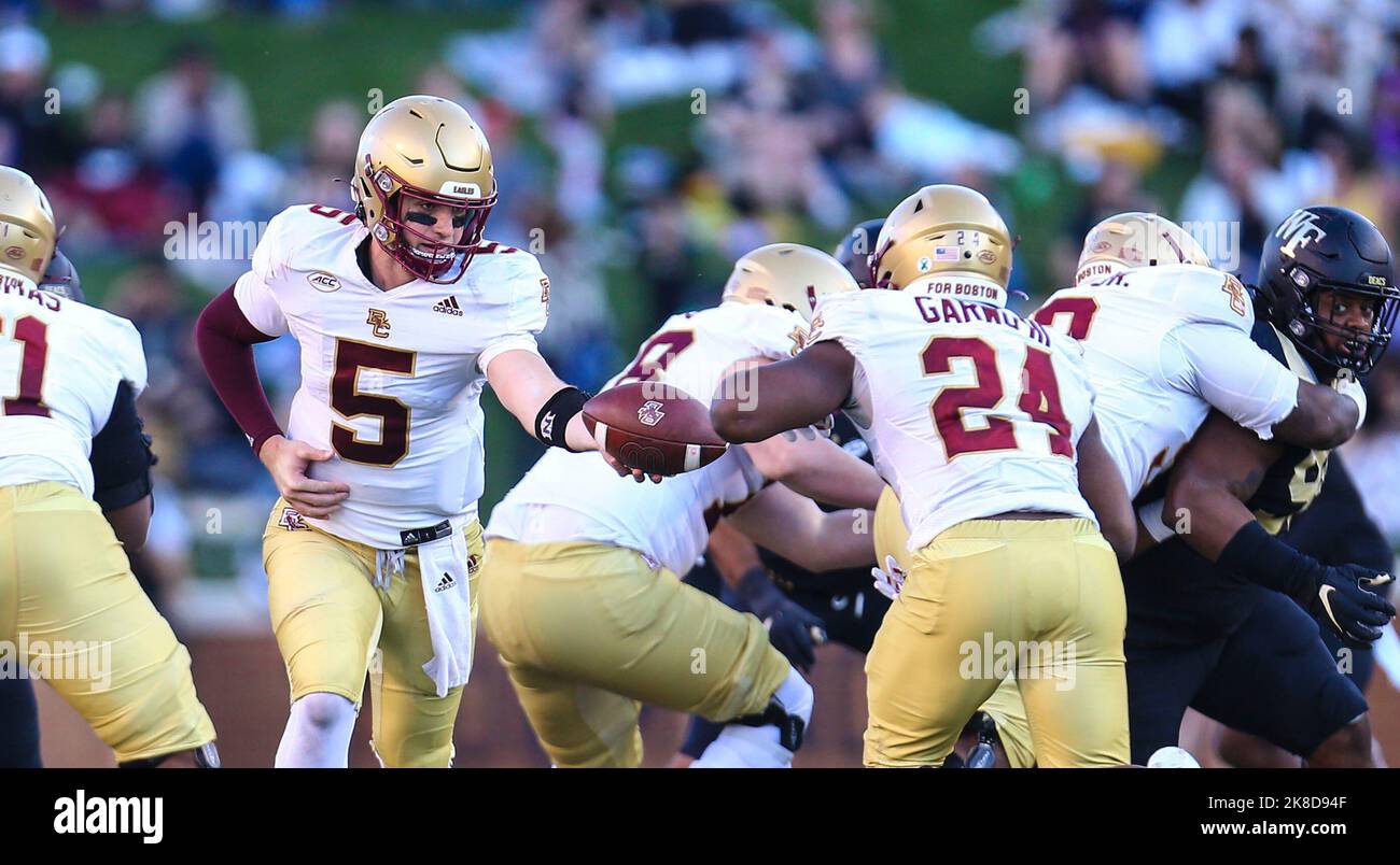October 22, 2022: Boston College senior Phil Jurkovec (5) hands bal off ...