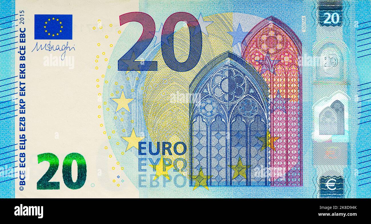 One twenty Euro bill. 20 euro banknote. The euro is the official ...