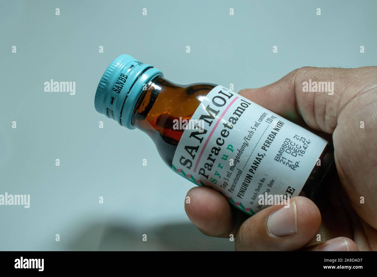 Hand holding a bottle of paracetamol syrup on a white background Stock ...