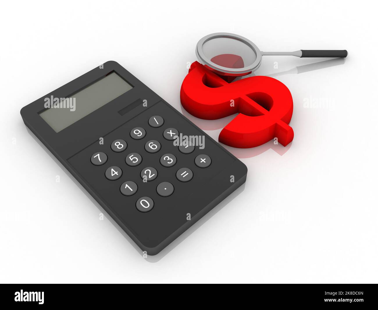 3d rendering usd Dollar symbol with calculator near lens Stock Photo ...