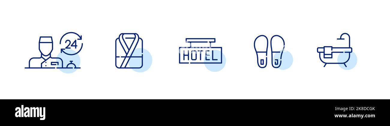 5 hotel icons. 24 hour reception, bathing suit, hotel sign, slippers ...