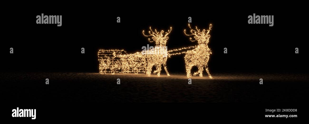 3d illustration of a rickshaw lamp with four reindeer, shining on ...