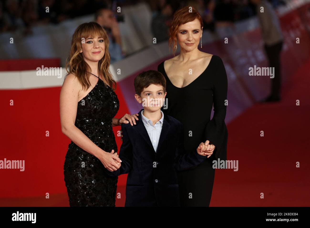 (L R) Sara Lazzaro, Leone Cardaci and Camilla Filippi attend the red ...