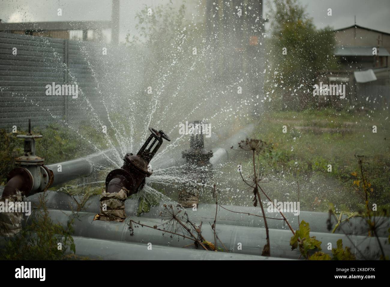 Pipe accident. Water breakthrough. Hot water flow. Damage to pipeline ...