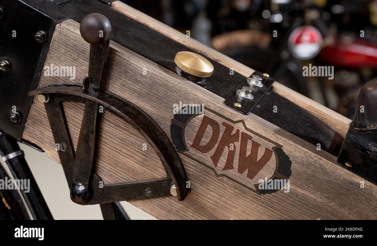 PRODUCTION - 04 October 2022, Saxony, Chemnitz: The brand name DKW is ...