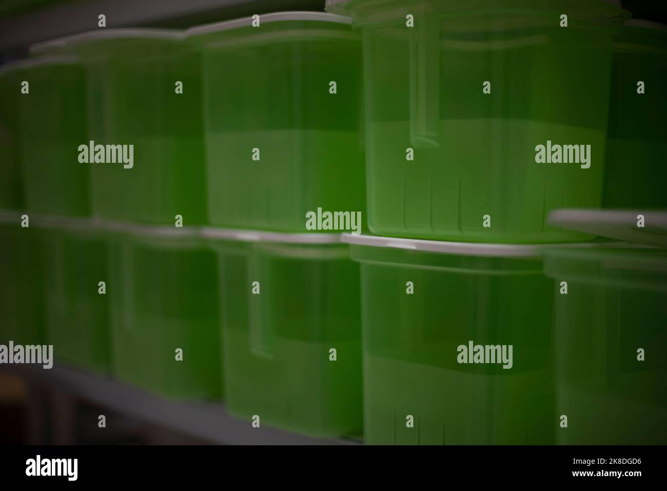 Food containers in store. Plastic boxes. Food storage tanks. Plastic ...