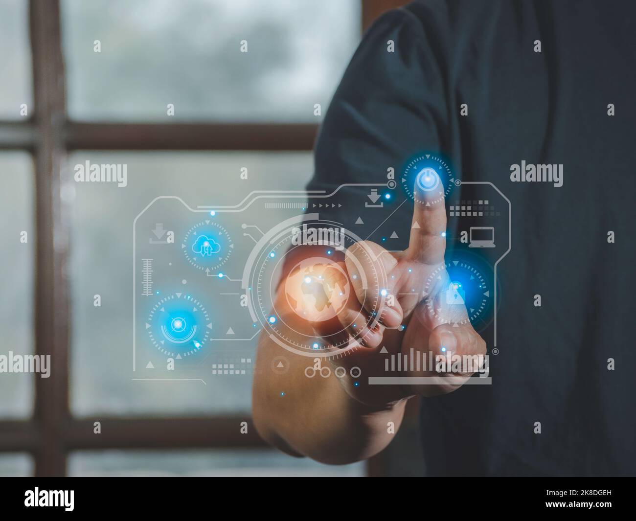 Businessman press on digital screen interface big data analytics and ...
