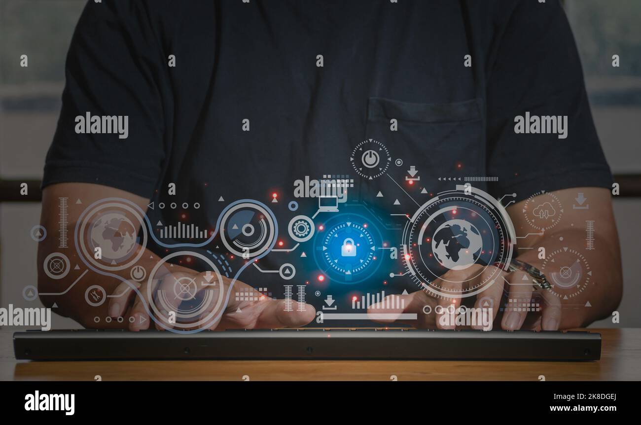 Businessman press on digital screen interface big data analytics and business intelligence (BI ...