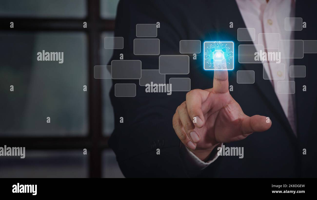 Hand of businessman pushing touch screen interface button, virtual ...